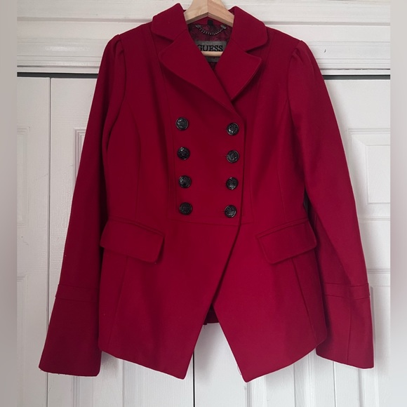 Guess | Jackets & Coats | Velveteen Red Guess Coat Red Winter Blazer ...